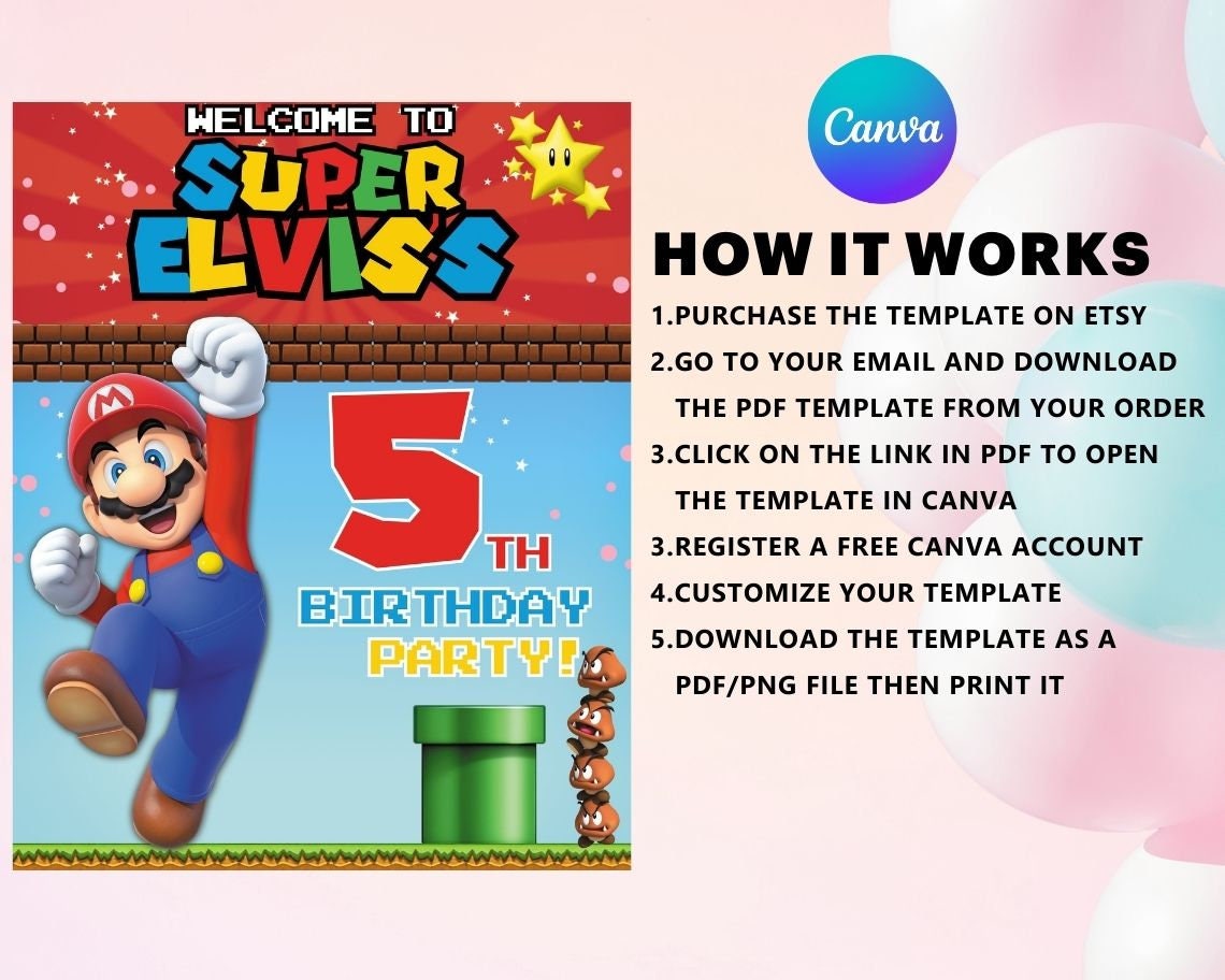 Welcome Super Mario Birthday Welcome Sign Easy Editable Instant ...