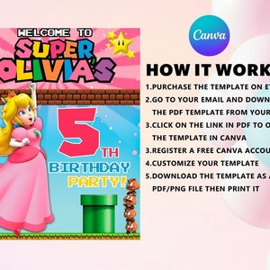 Princess Peach Birthday Door Banner Welcome Sign Easy Editable Instant ...
