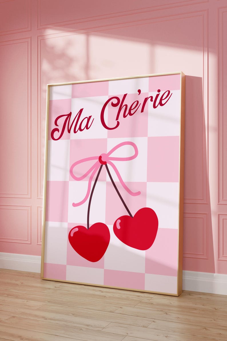 Ma Cherie Cherry Printable Wall Art | Coquette Cherry Art Print for Bedroom | Girly Cherry Pink ...