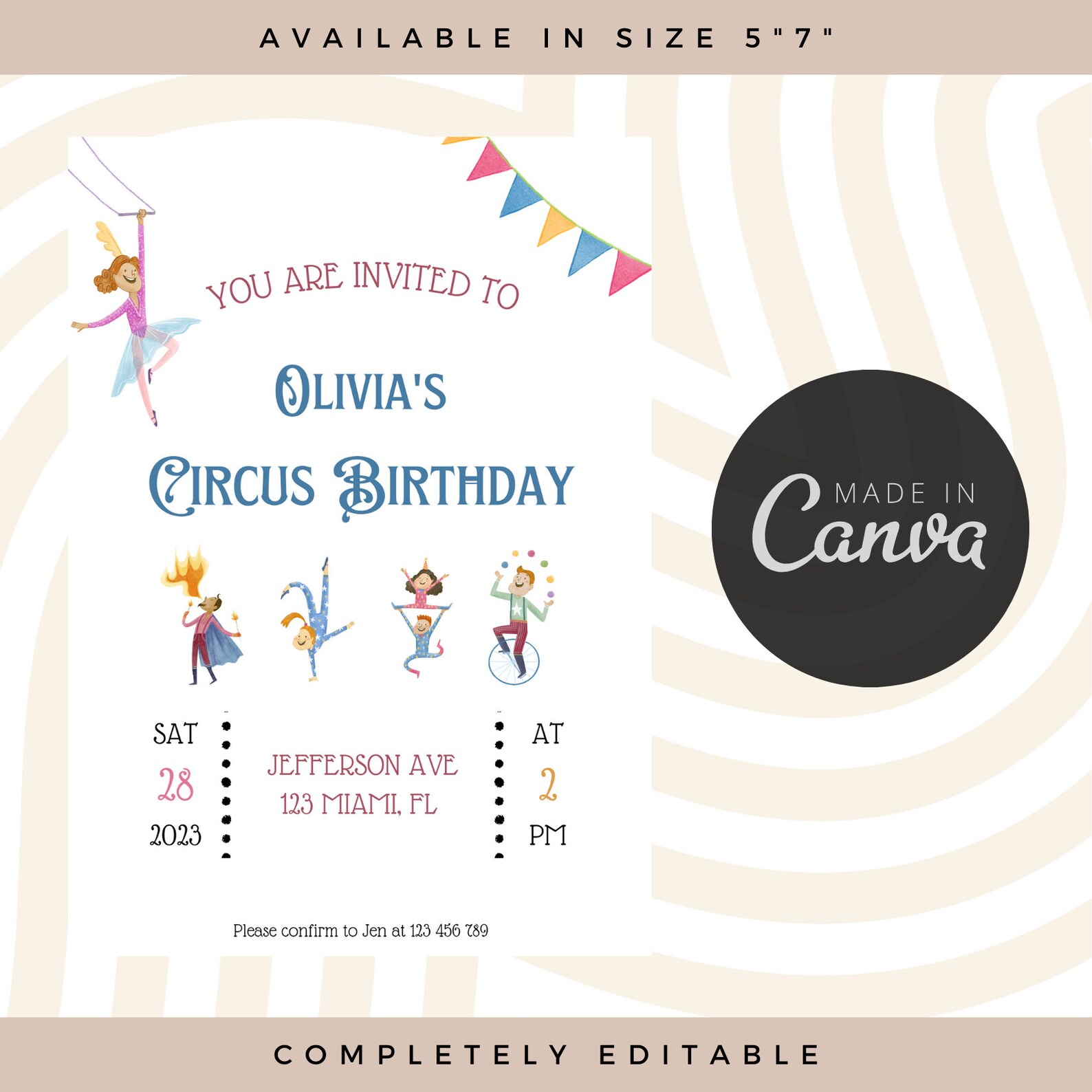 Editable Circus Birthday Invitation Birthday Party Template Colorful ...