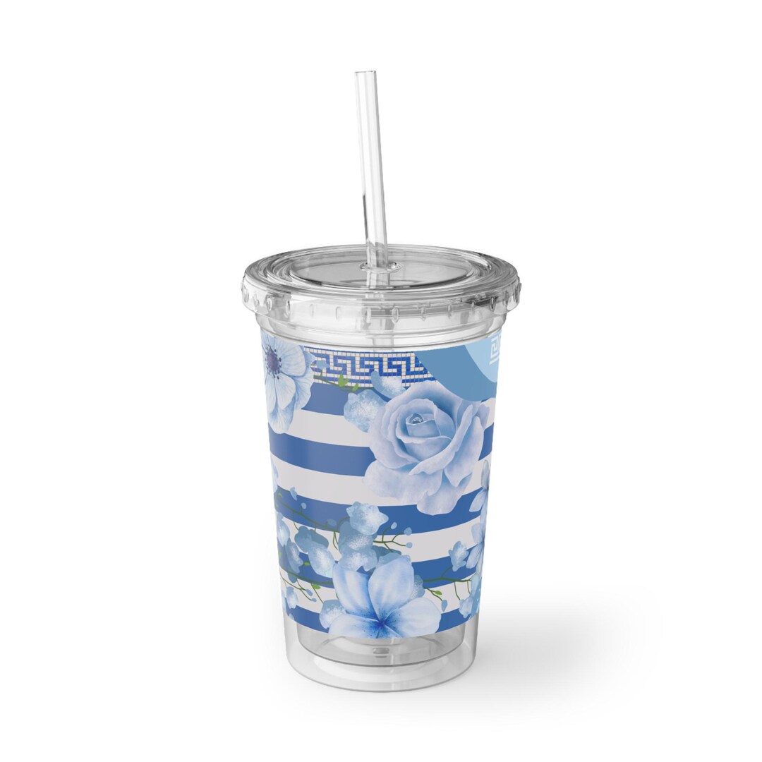 Greek Flag Tumbler: Blue Floral Travel Mug, Hellenic Gift - Etsy