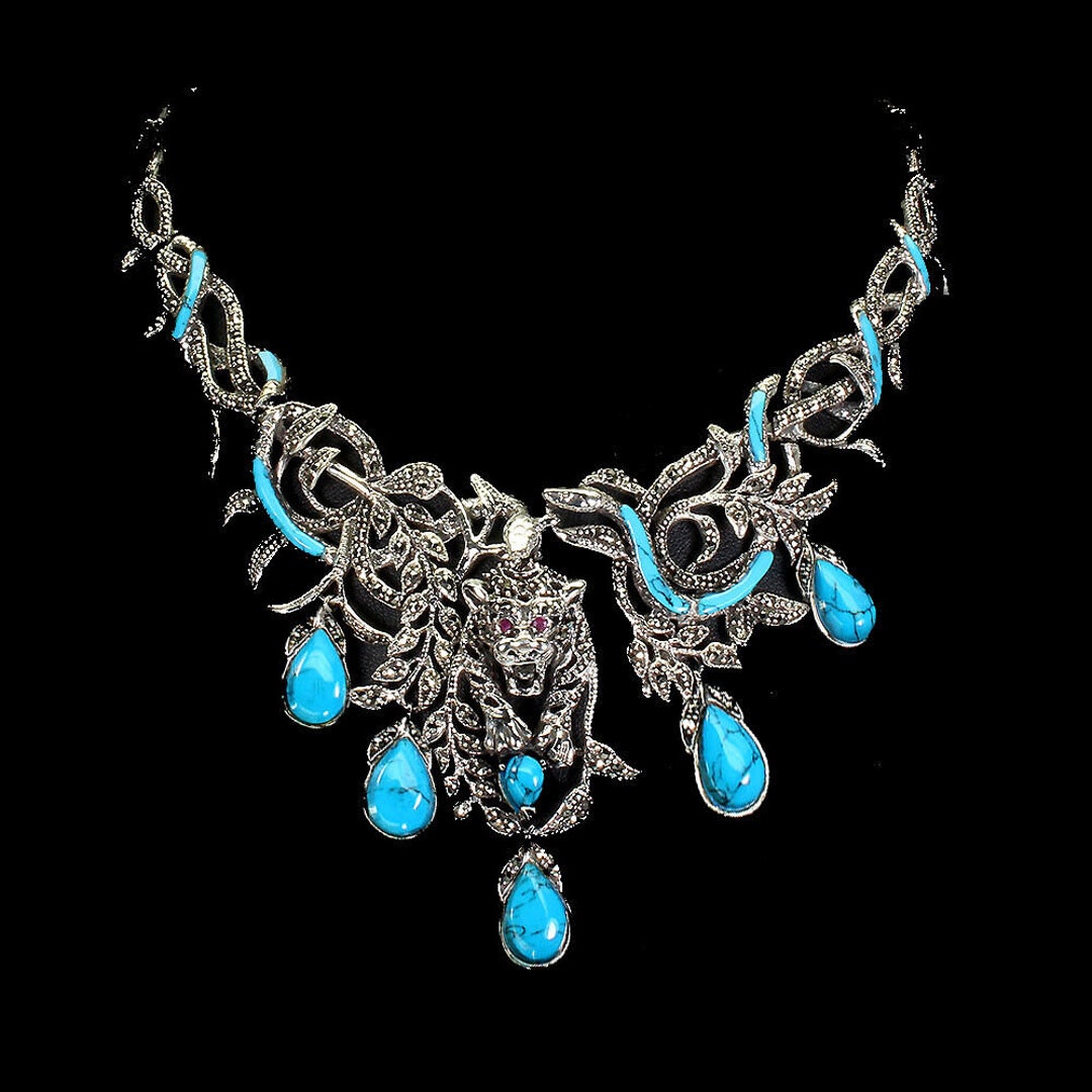 TIGER SNAKE JUNGLE Sceen Turquoise Pear Cut 15x10mm Ruby Marcasite ...