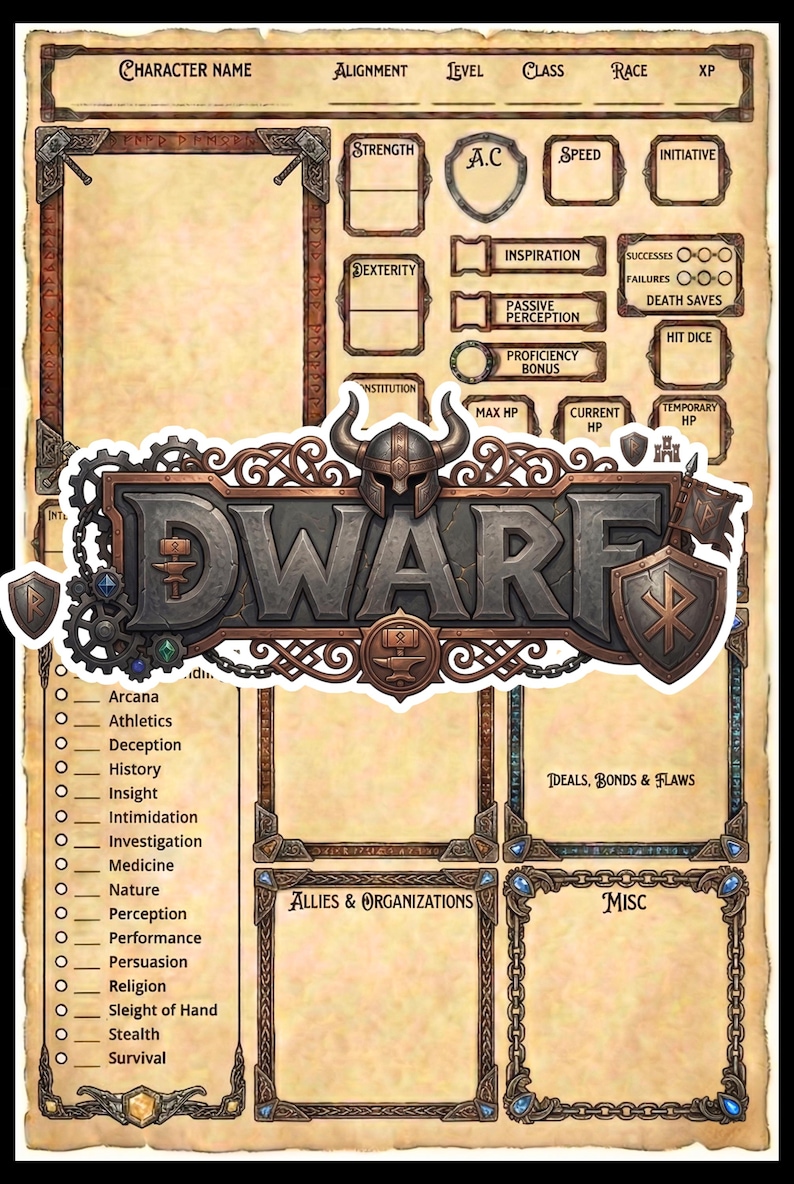 Dnd DWARF Character Sheet - Dnd 5e - 5 Page Set - Printable PDF A4/US ...