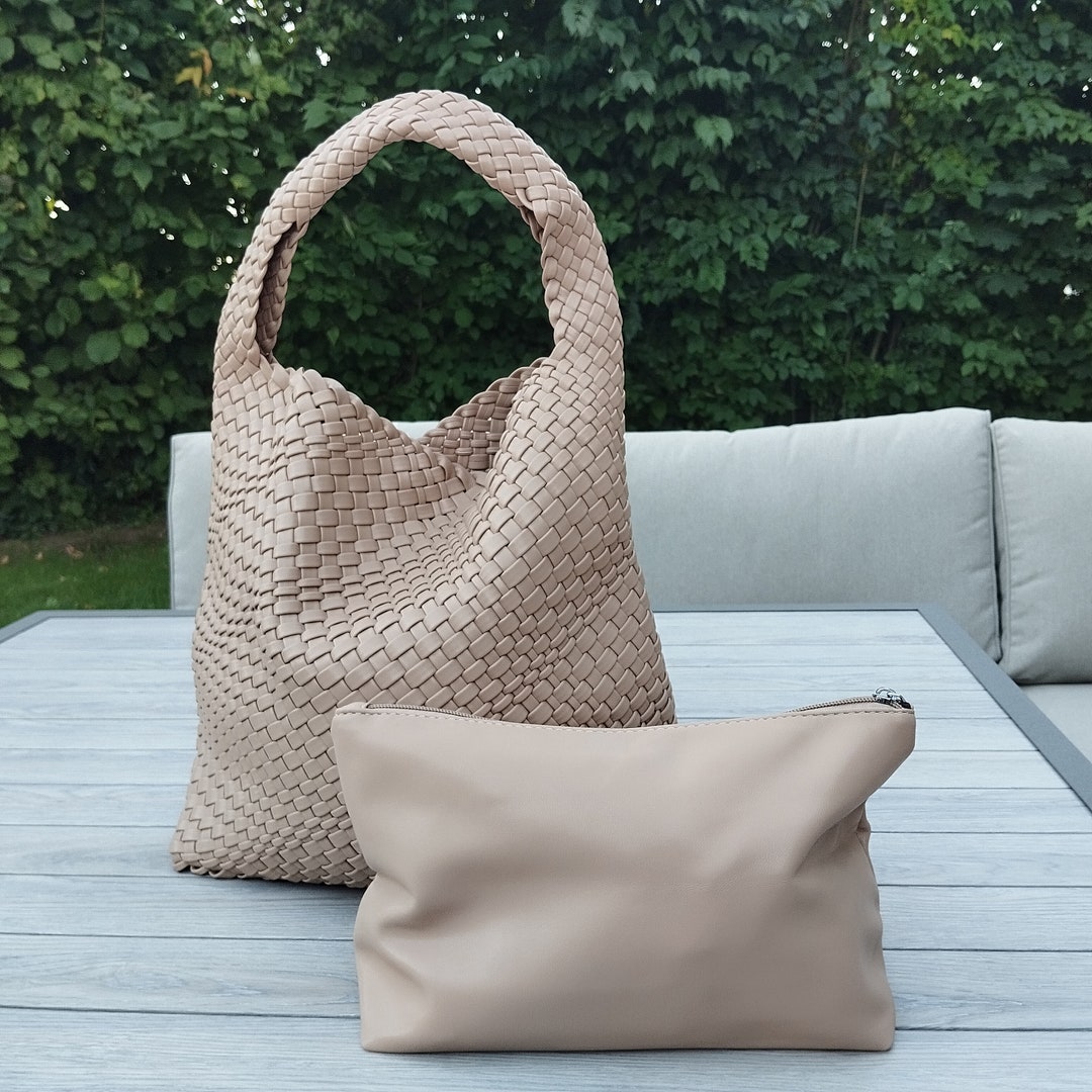 Gaya Cream PU Vegan Leather Handwoven Braided Large Tote Shoulder Bag ...