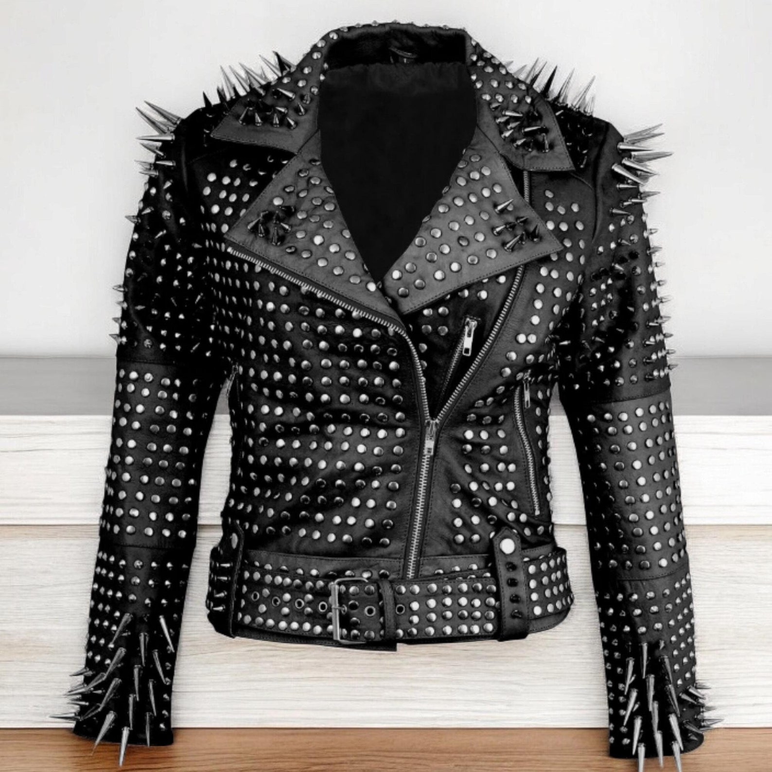 Women's Spiked Leather Jacket Cowboy Studded Jacket Punk Studded ...