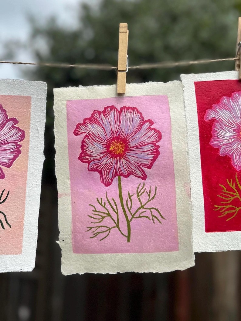 Cosmos ‘candystripe’ Flower Reduction Linocut Print, Hand-printed on ...