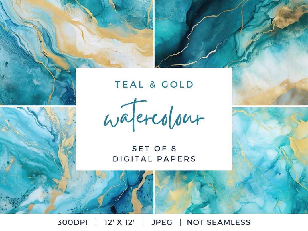 Teal and Gold Watercolour Digital Paper Set Abstract Marble Background ...