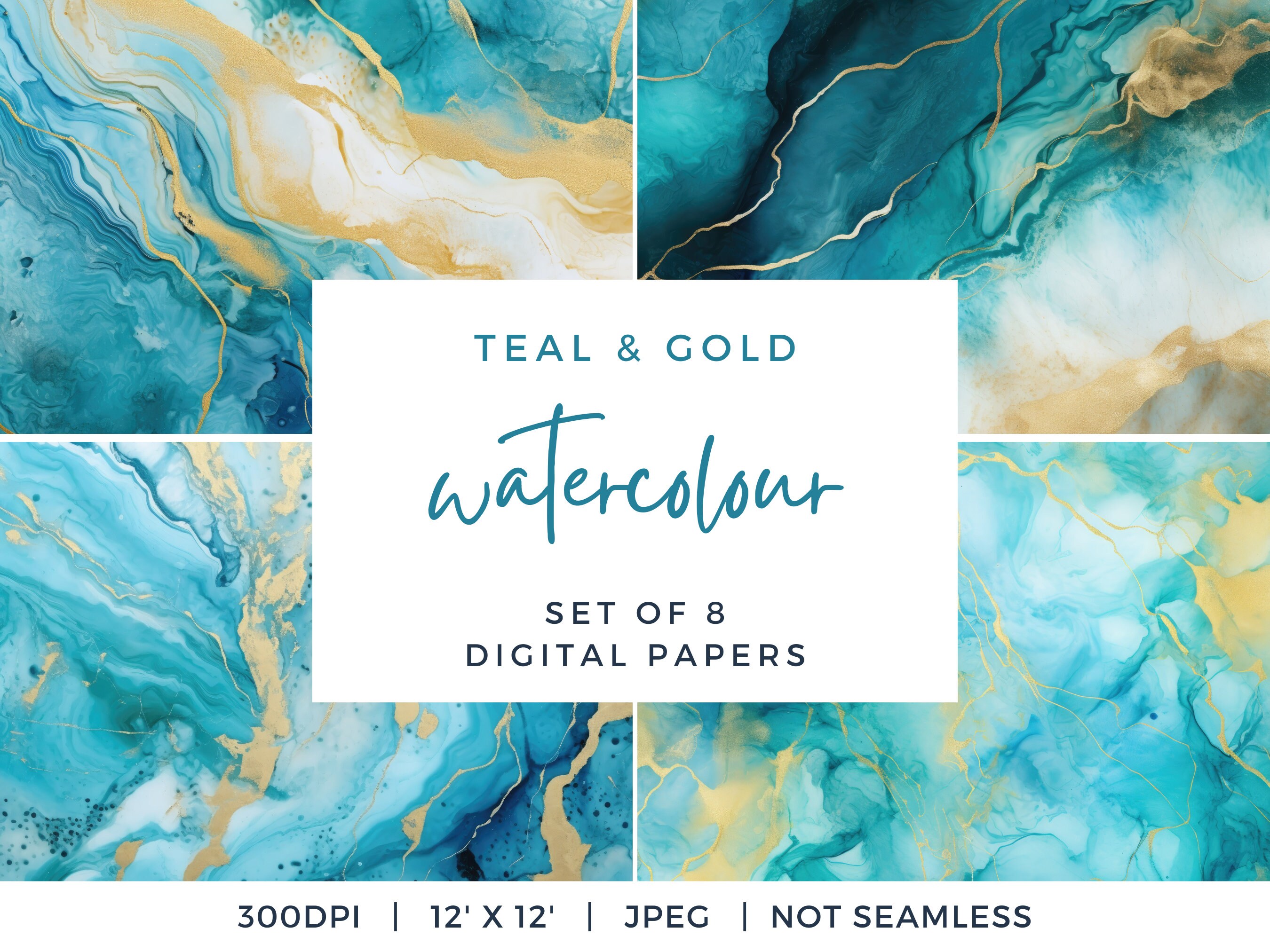 Teal and Gold Watercolour Digital Paper Set Abstract Marble Background ...