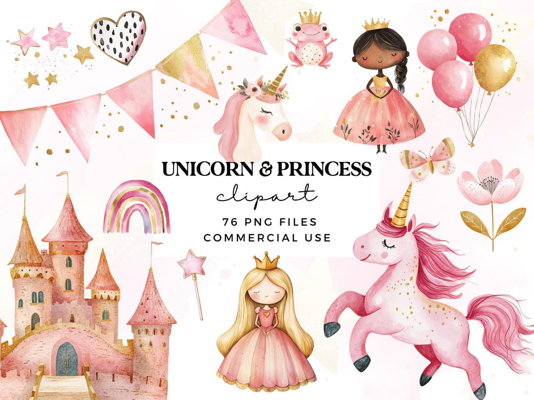 Unicorn Princess Clipart Set: Pink & Gold Watercolour Graphics (digital ...