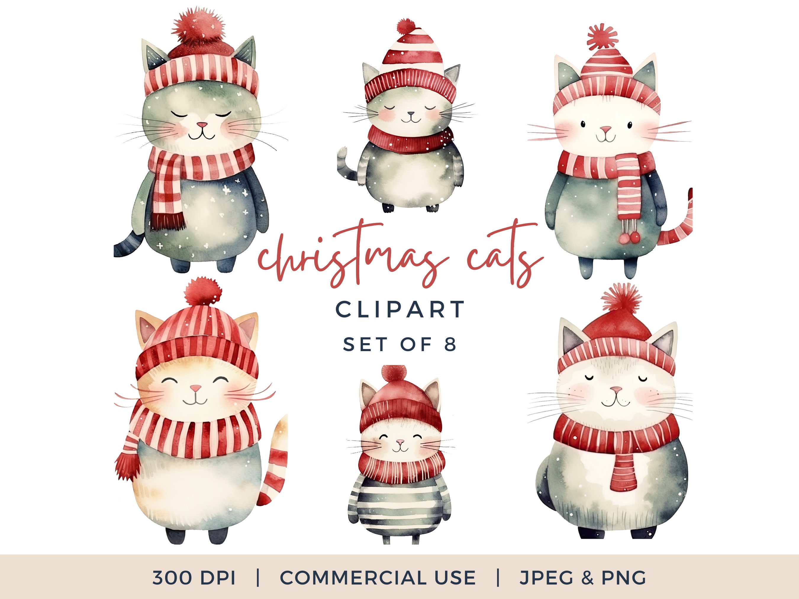Christmas Cats Clipart Cute Festive Cats Clip Art Modern - Etsy