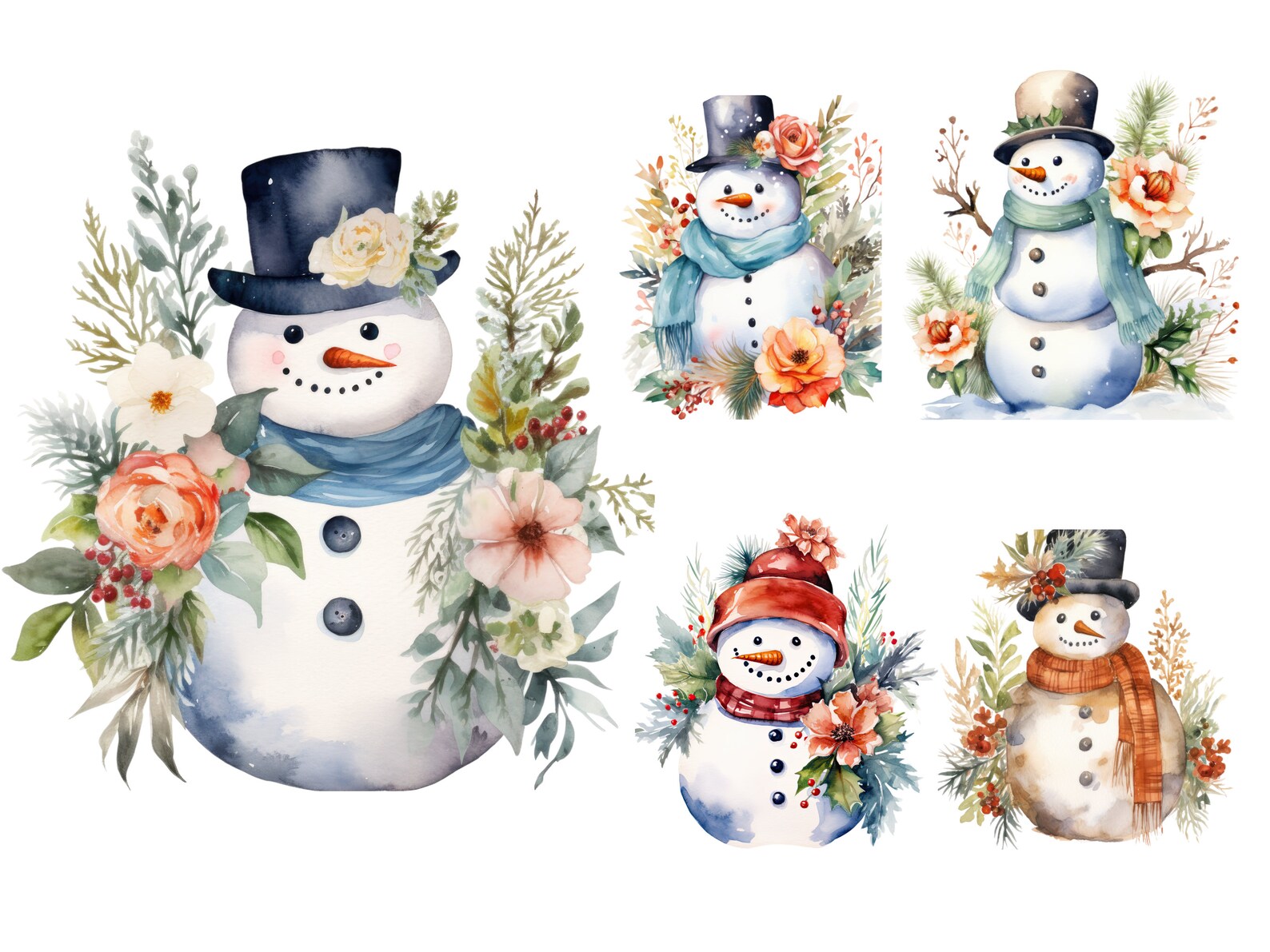 Floral Snowman Clipart Bundle - Watercolour Snowmen Clip Art Set - Cute ...