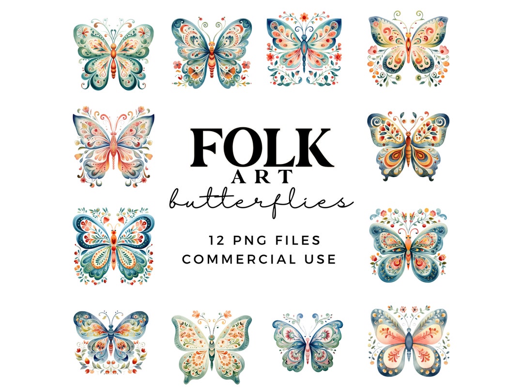 Watercolour Folk Art Butterflies Clipart - Rosemaling Butterfly Clip ...