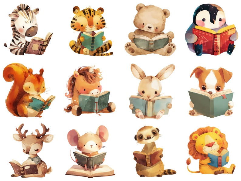 Animals Reading Books Clipart - Cute Animals Clipart for Nursery Wall ...