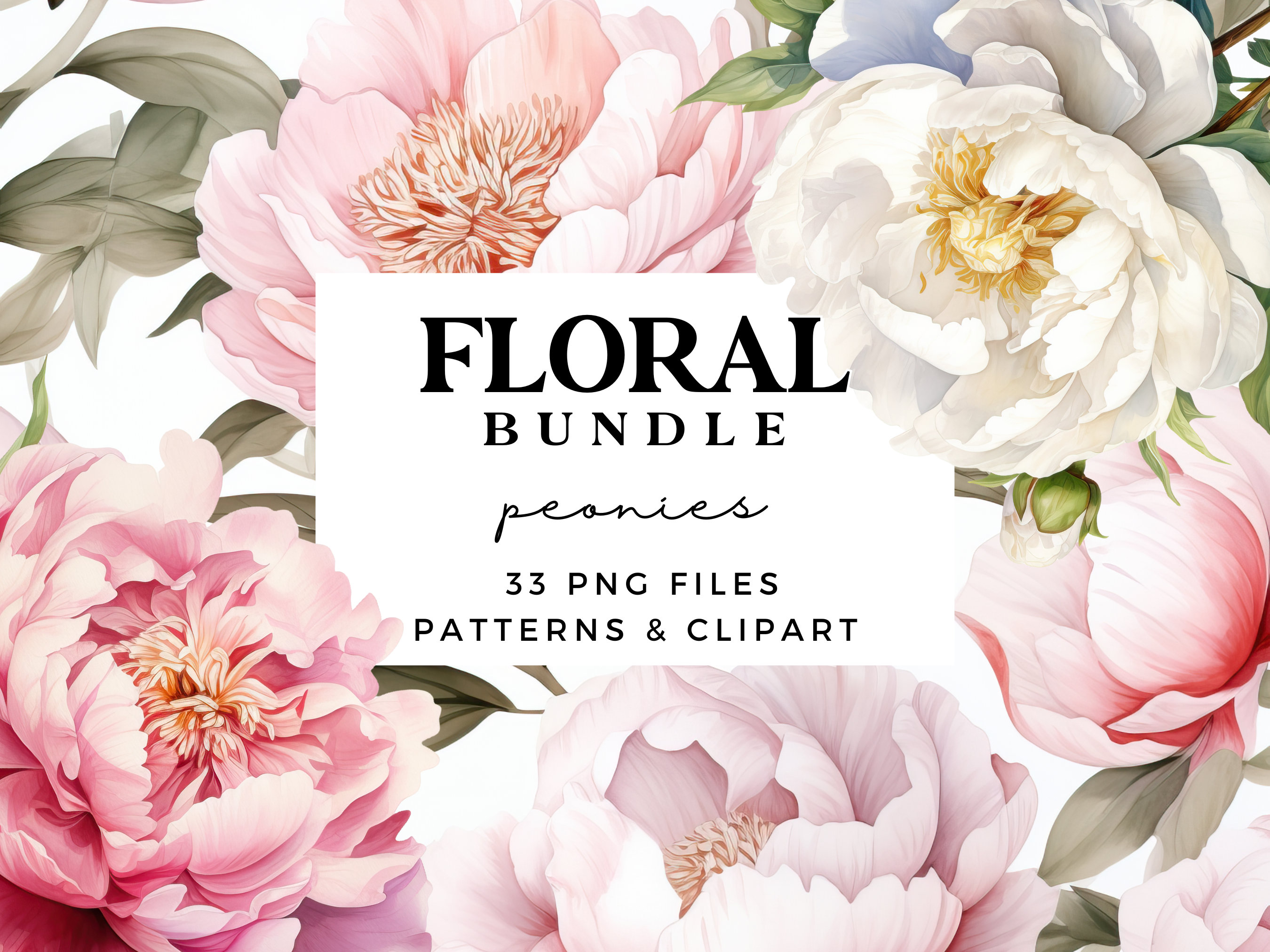 Watercolor Peony Clipart Bundle - Seamless Pattern, Wreaths & Floral ...