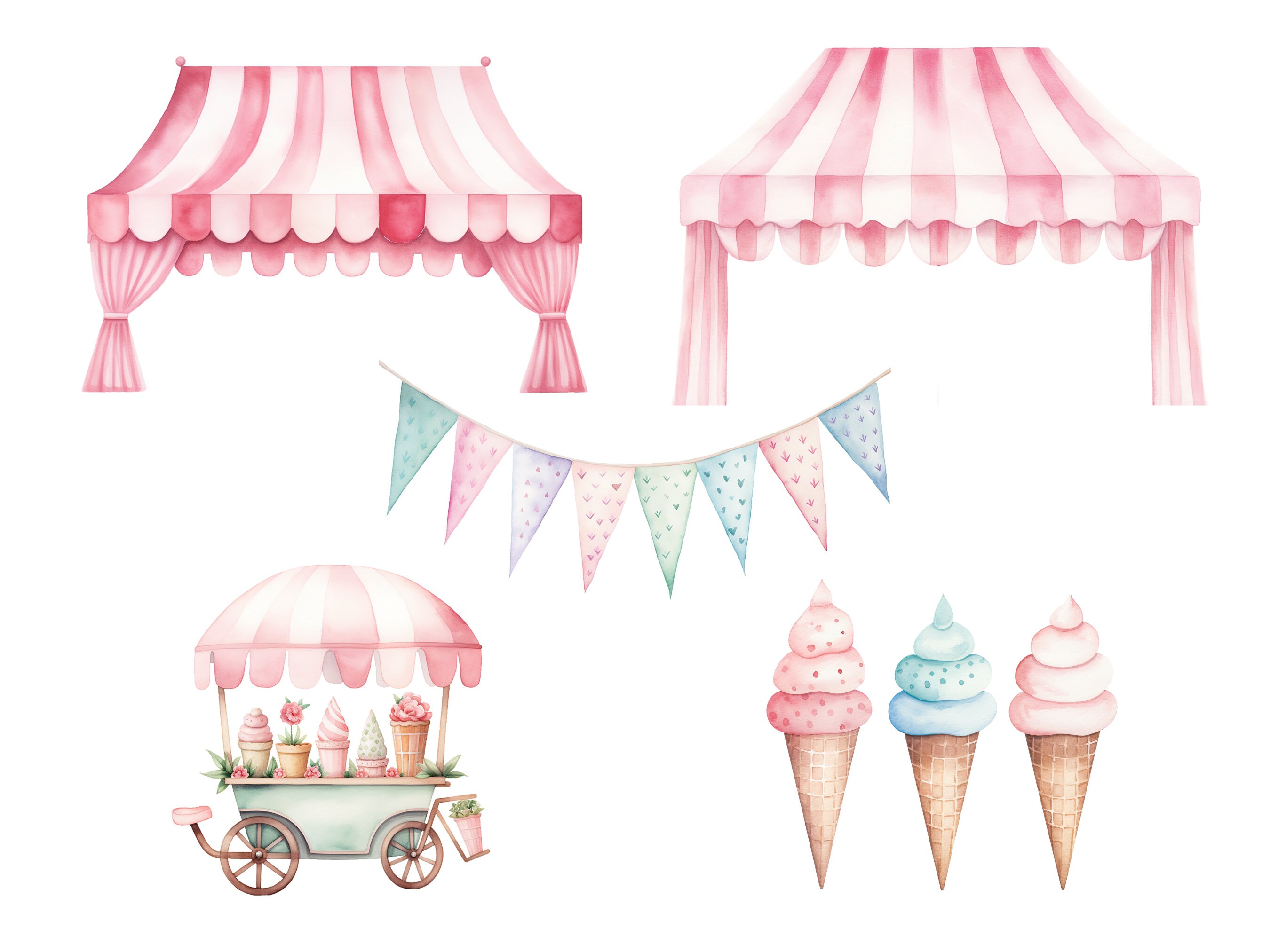 Pastel Watercolor Ice Cream Clipart Set - Cones, Sundaes, Vans - Sweet ...