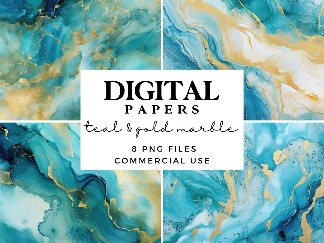 Teal and Gold Watercolour Digital Paper Set - Abstract Marble ...