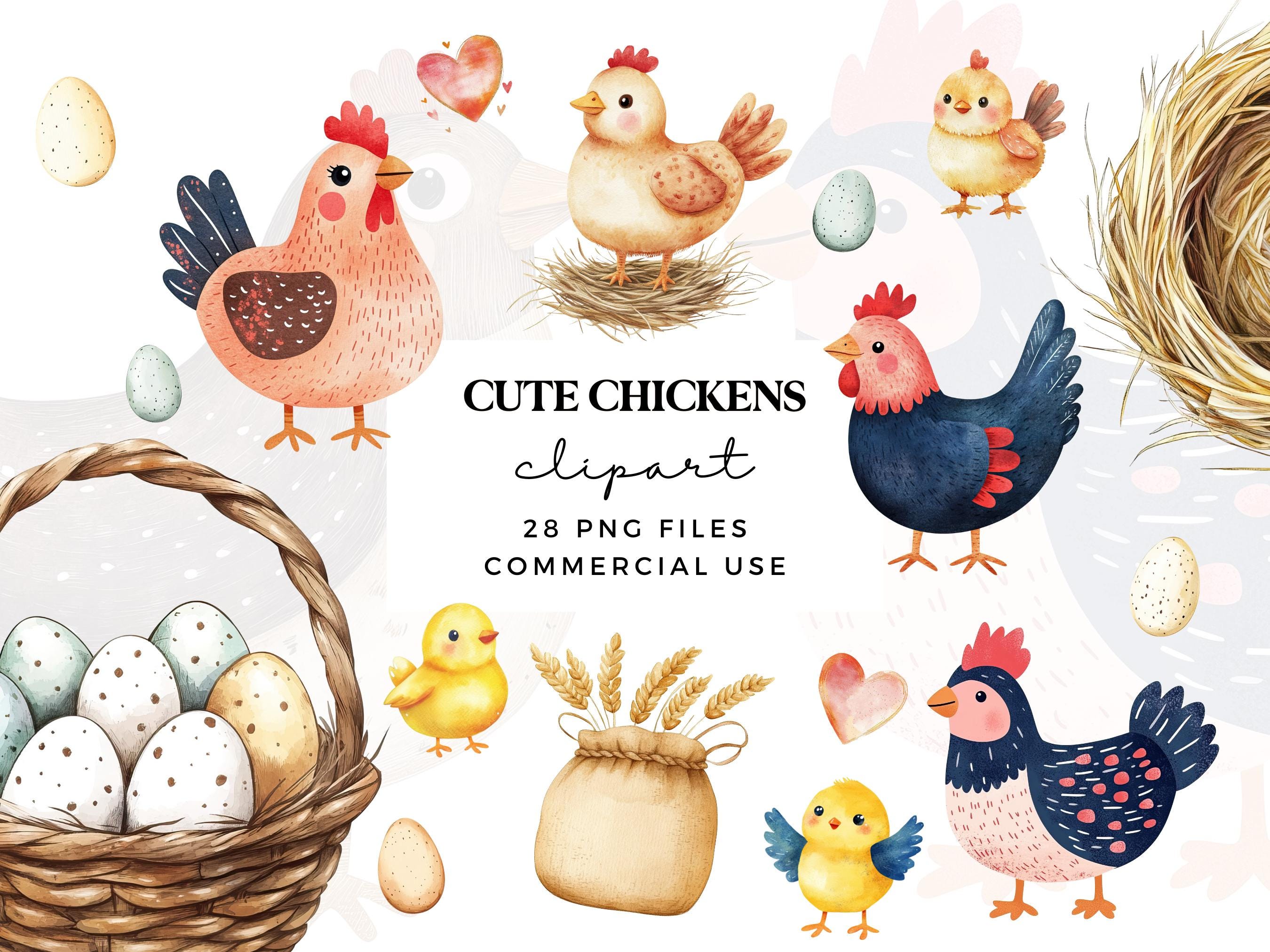 Cute Chicken Clipart Set - Watercolour Chicks Clip Art Bundle - Farm ...