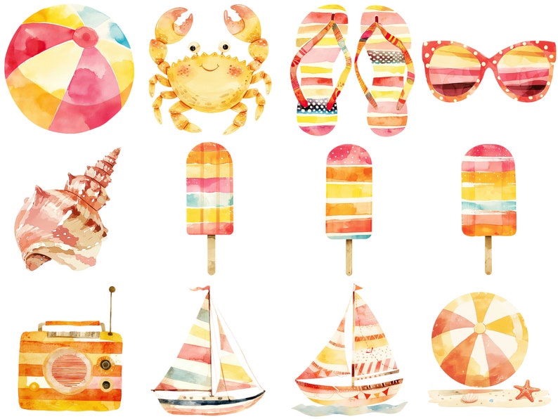 Beach Day Clipart PNG - Cute Summer Clipart Bundle - Watercolour Beach ...