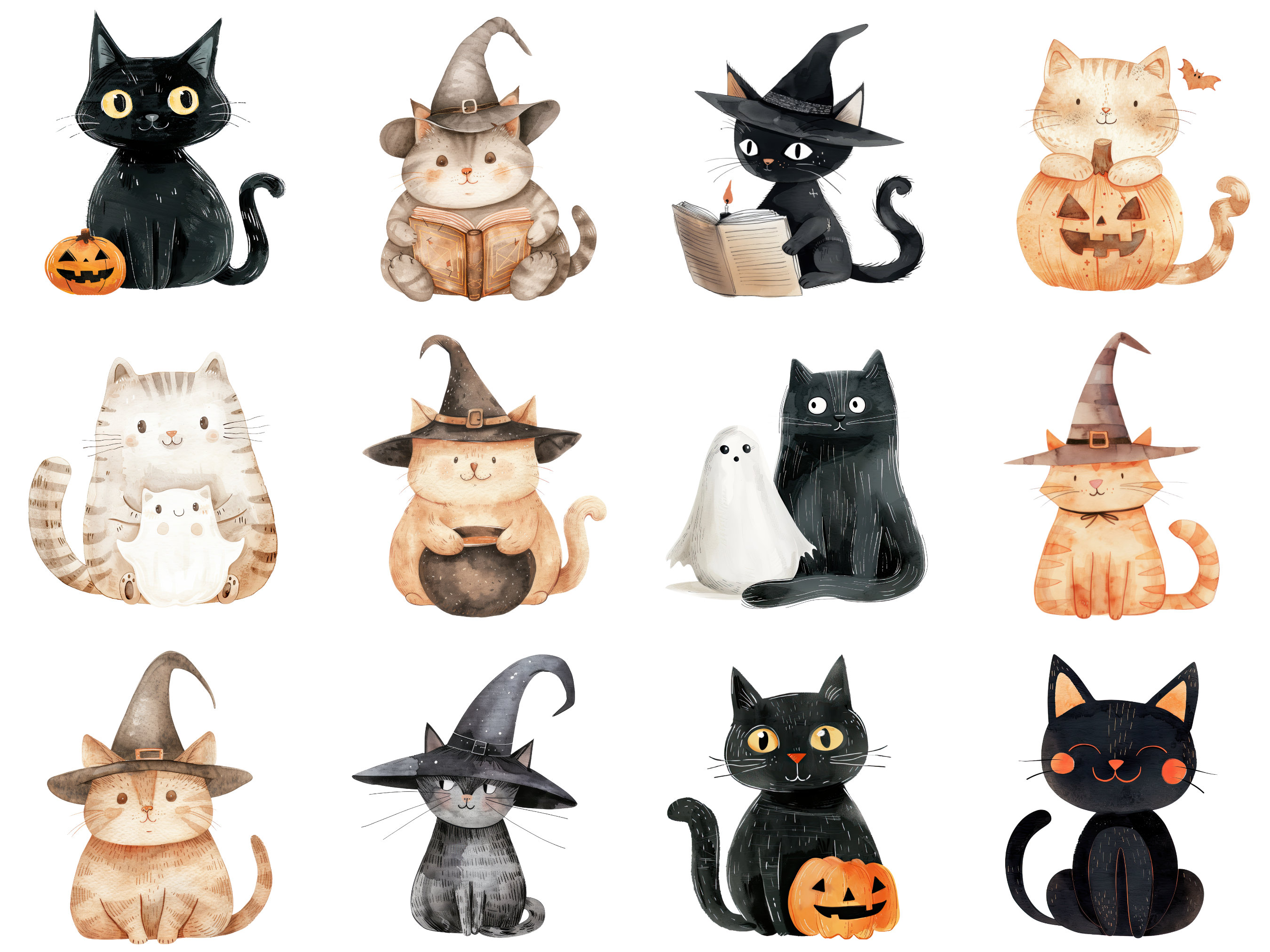 Cute Halloween Cats Clipart PNG - Halloween Clipart - Boho Cats Clipart ...