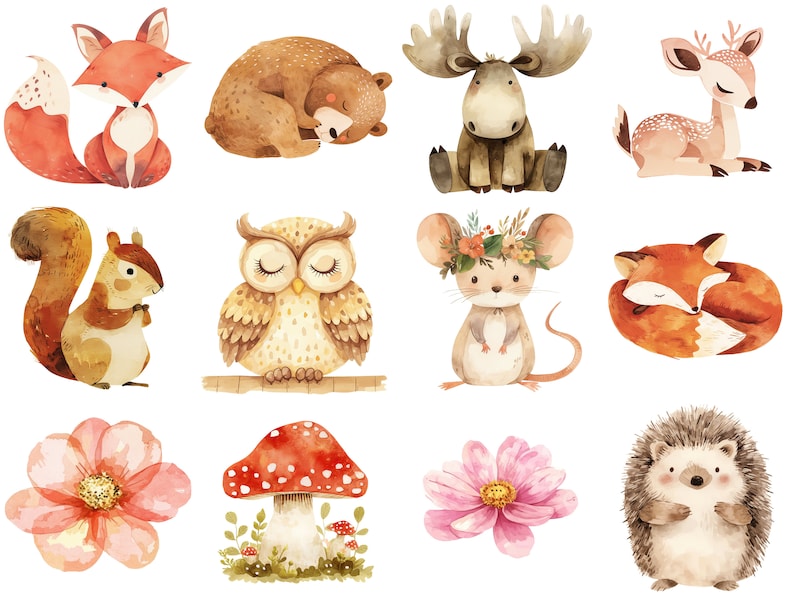 Boho Woodland Clipart - Cute Woodland Animals Clipart - Watercolour ...