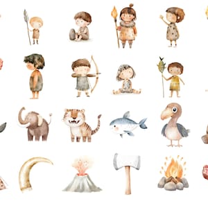 Cute Stone Age Clipart Set - Prehistoric Watercolor Kids & Animals ...