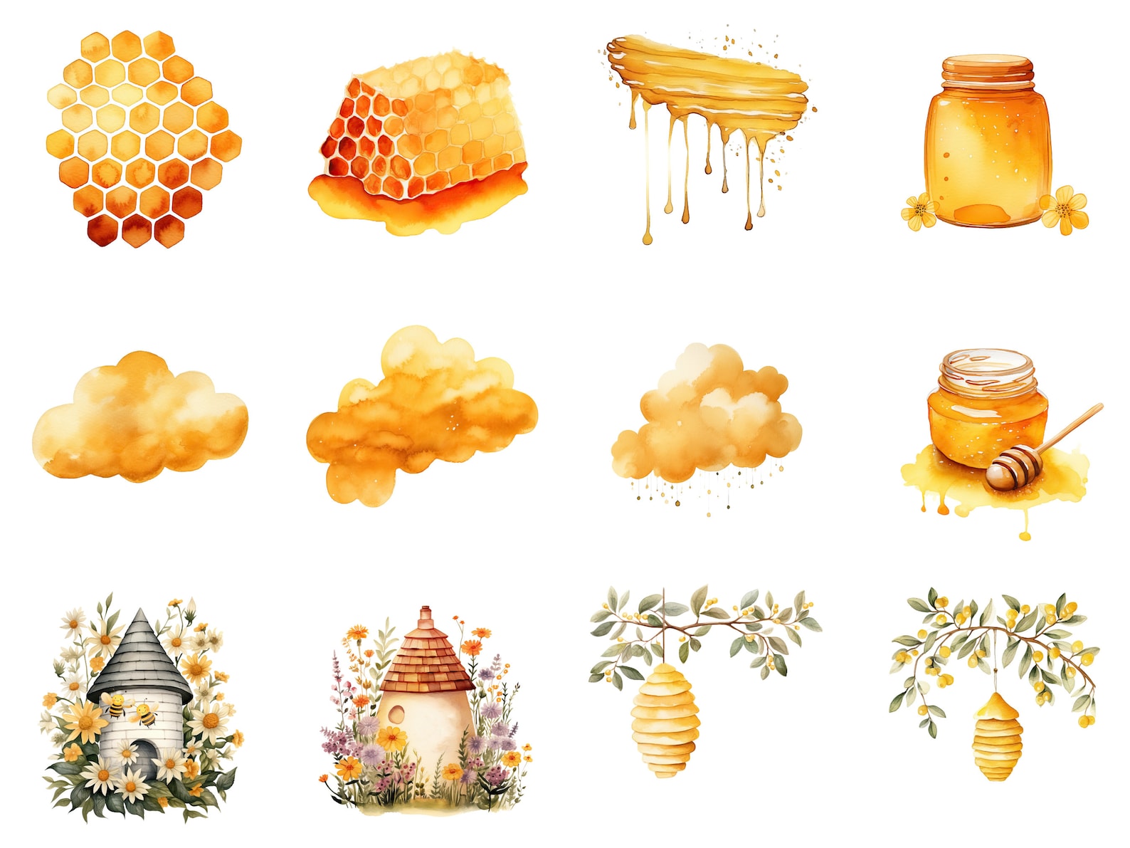 45 X Honey Bee Clipart Bundle Watercolor Bee Clip Art Set With Beehives ...