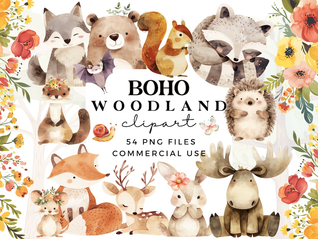 Boho Woodland Clipart - Cute Woodland Animals Clipart - Watercolour ...