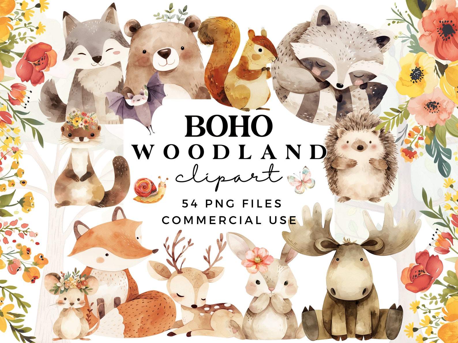 Boho Woodland Clipart - Cute Woodland Animals Clipart - Watercolour ...