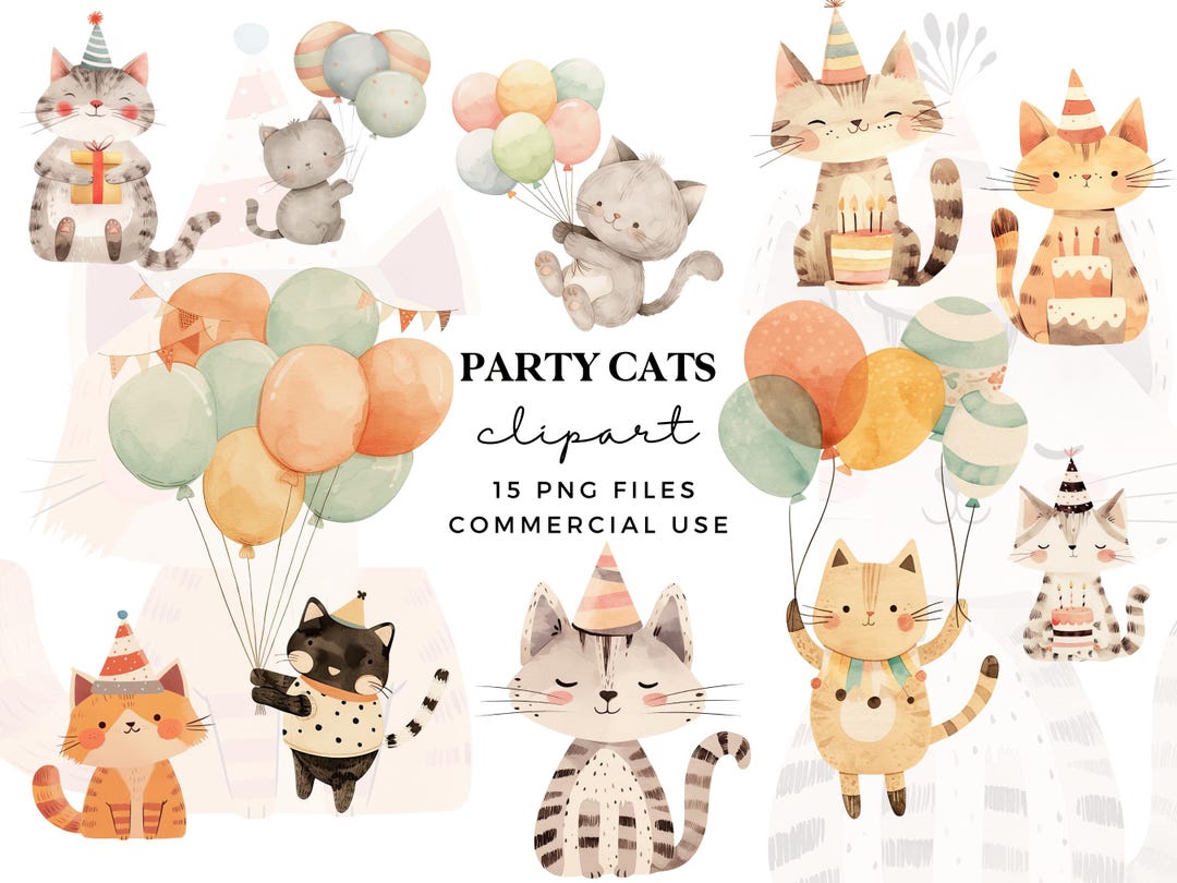 Party Kittens Clipart PNG - Cute Cartoon Birthday Cats Clipart - Funny ...