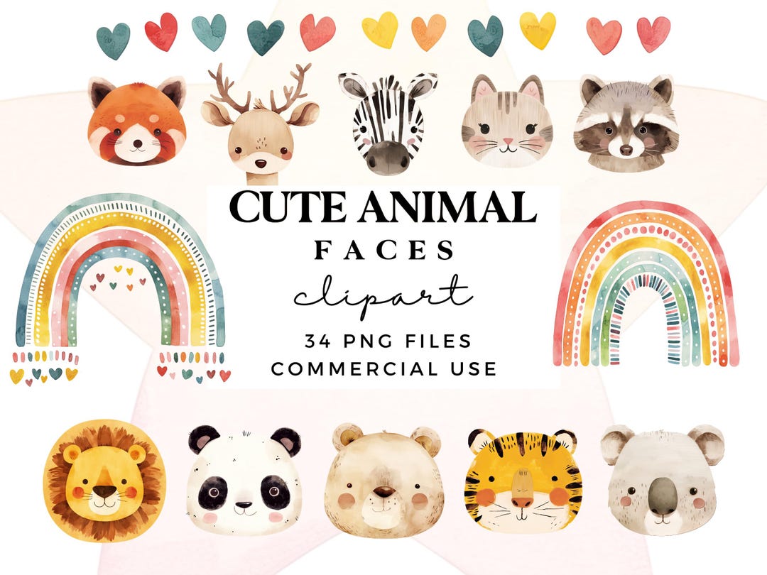 Cute Animal Faces Clipart PNG - Watercolour Animal Clip Art Bundle ...