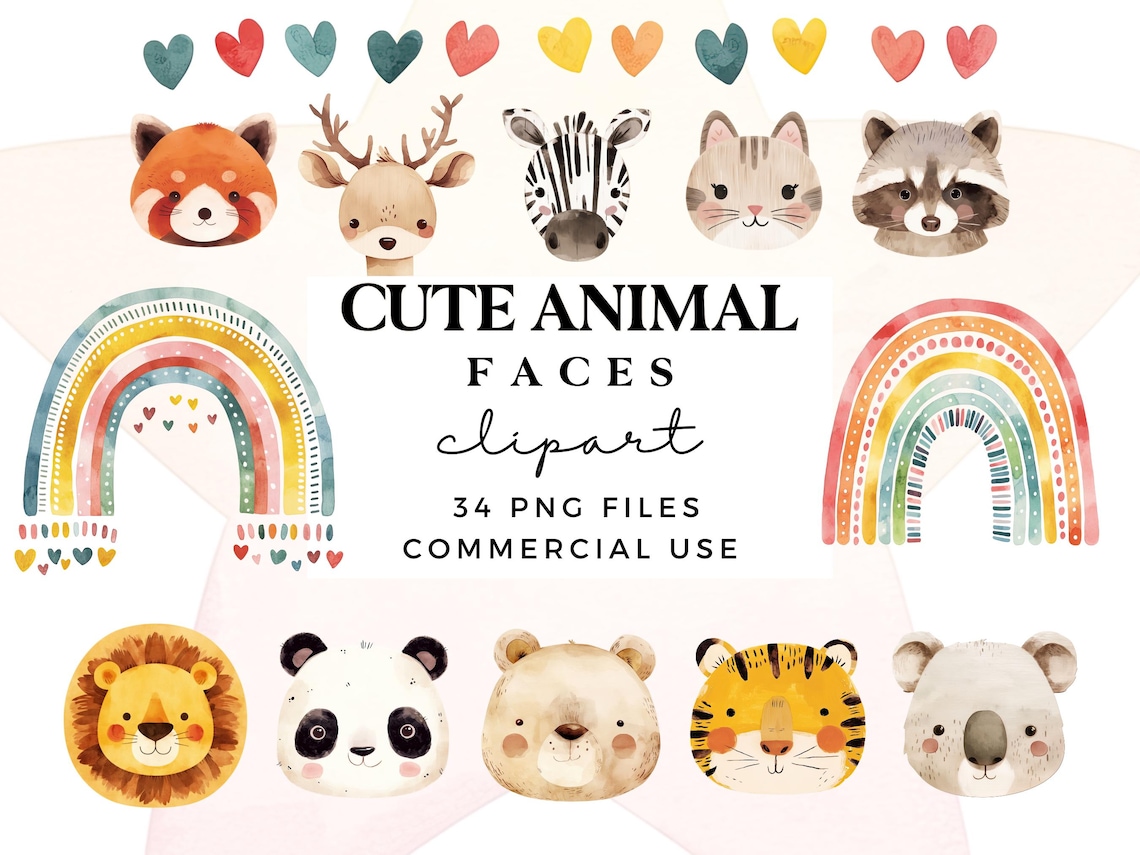 Cute Animal Faces Clipart PNG - Watercolour Animal Clip Art Bundle ...