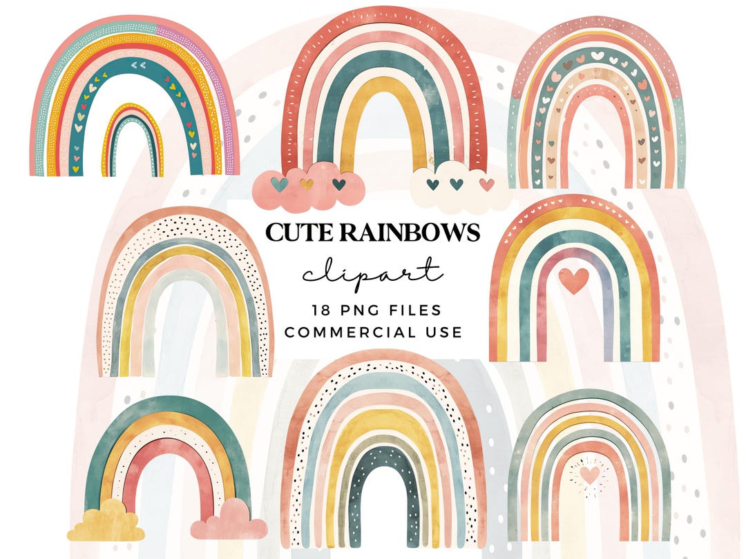 Cute Rainbow Clipart - Pastel Rainbow Clip Art Set - Watercolour Boho ...