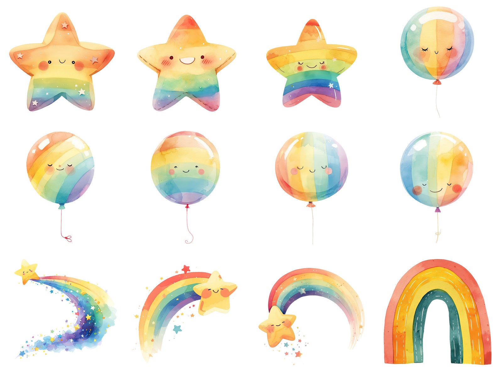 Cute Rainbow Clipart Bundle - Kawaii Rainbow Clipart Set - Watercolour ...