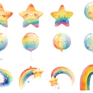 Cute Rainbow Clipart Bundle - Kawaii Rainbow Clipart Set - Watercolour ...