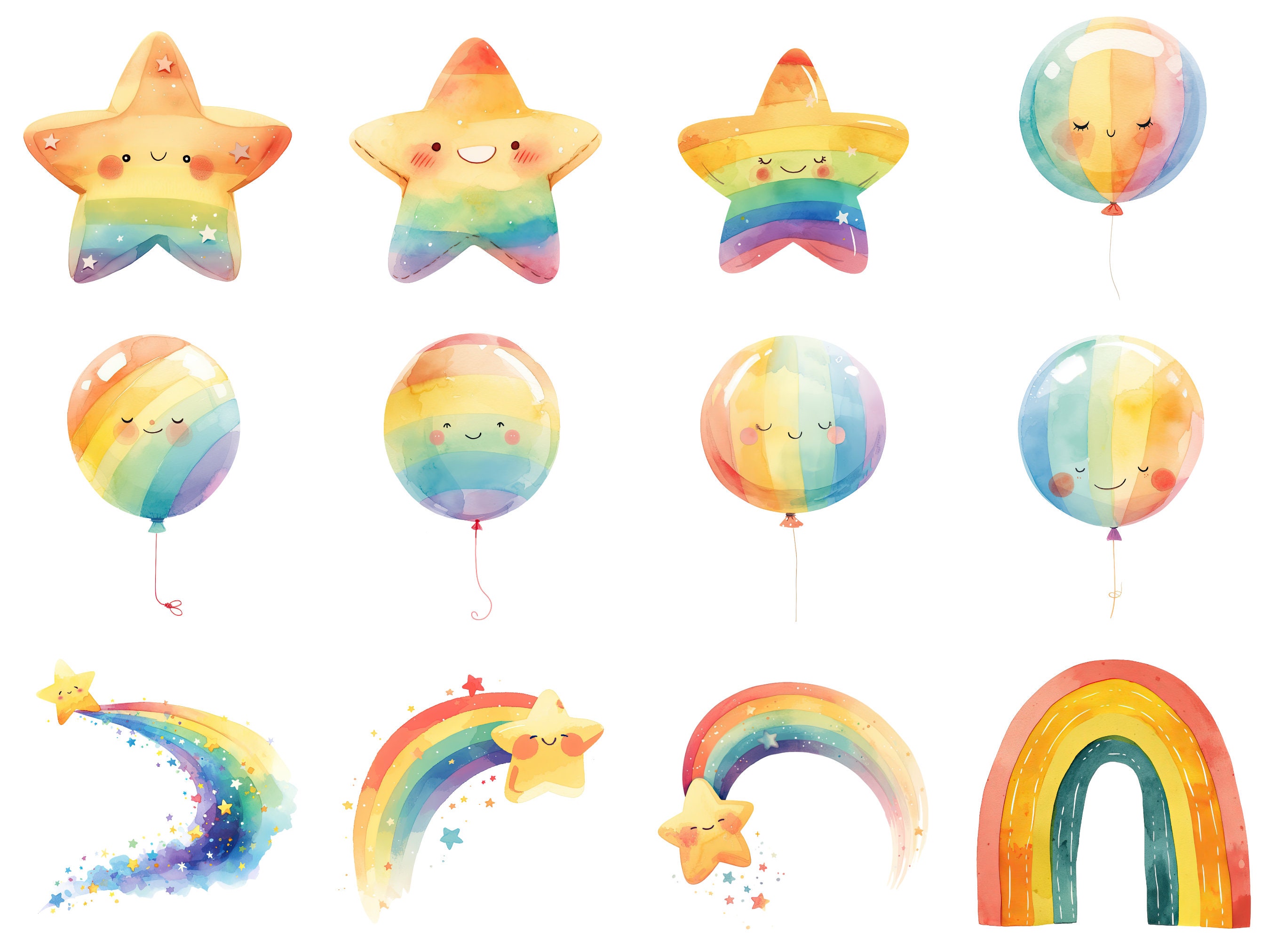 Cute Rainbow Clipart Bundle Kawaii Rainbow Clipart Set Watercolour Clip ...