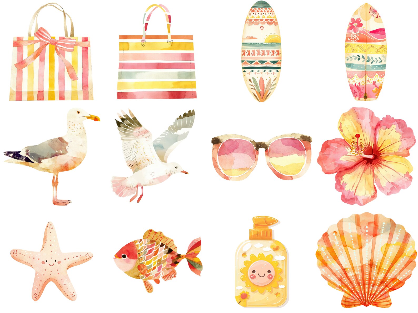 Beach Day Clipart PNG - Cute Summer Clipart Bundle - Watercolour Beach ...