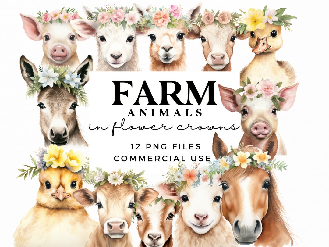 Cute Farm Animals Clipart Pngs - Boho Baby Animals in Flower Crowns ...