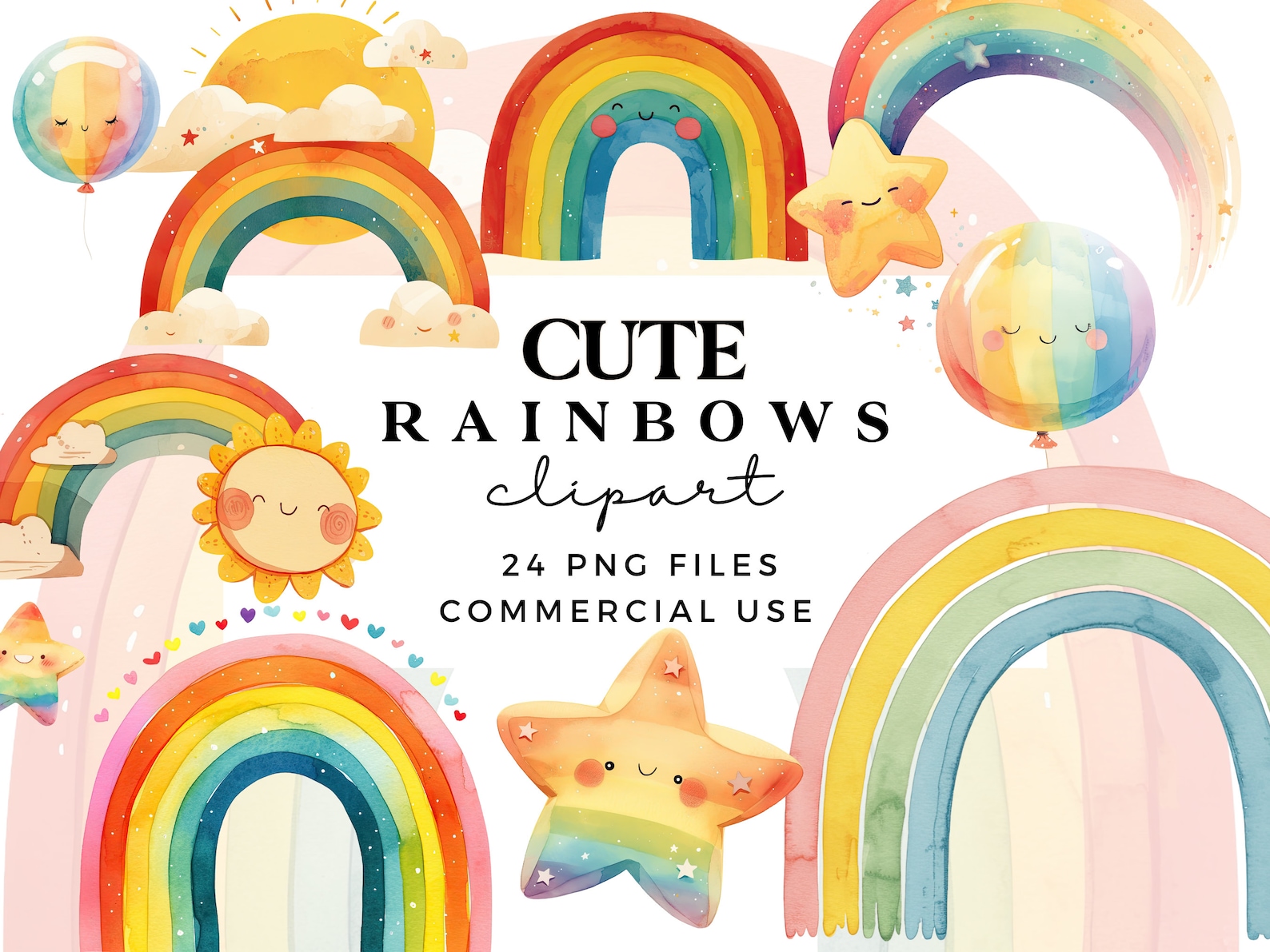 Cute Rainbow Clipart Bundle Kawaii Rainbow Clipart Set Watercolour Clip ...