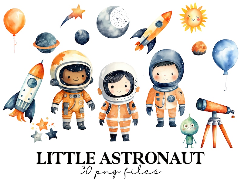 Cute Astronaut Clipart Bundle Watercolor Spaceman Clip Art Set Space ...