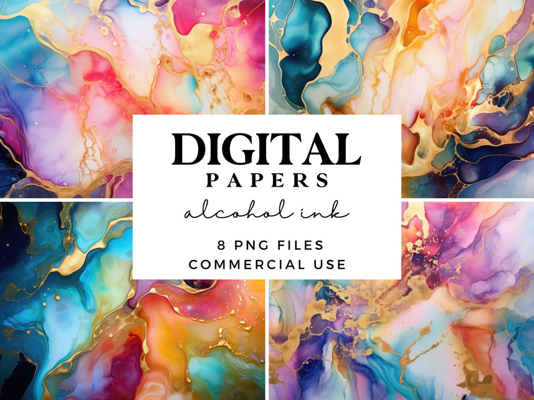 Alcohol Ink Background PNG Rainbow & Gold Digital Paper Set Bright ...