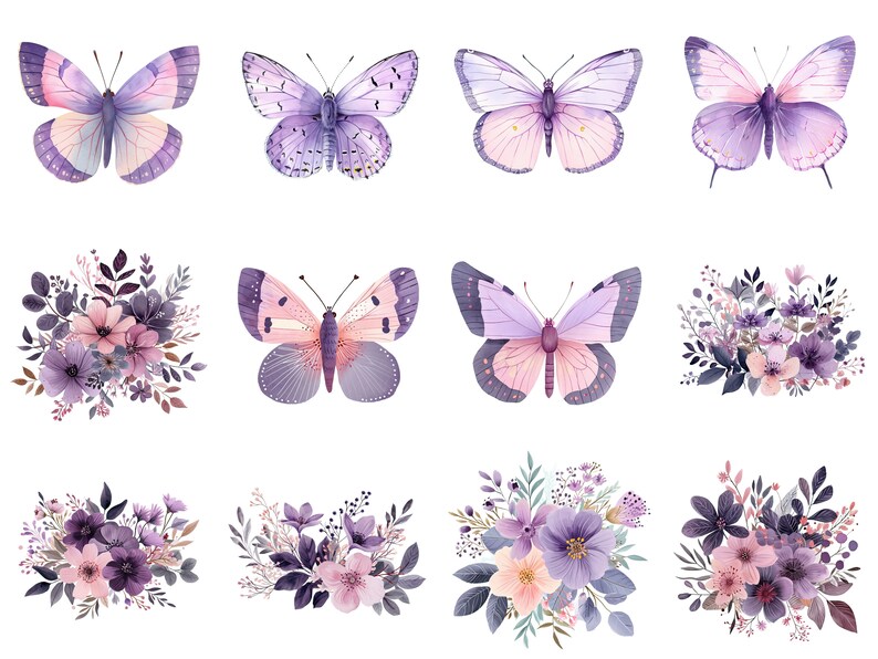 Purple Butterflies Clipart Watercolour Butterfly & Flowers Clip Art ...