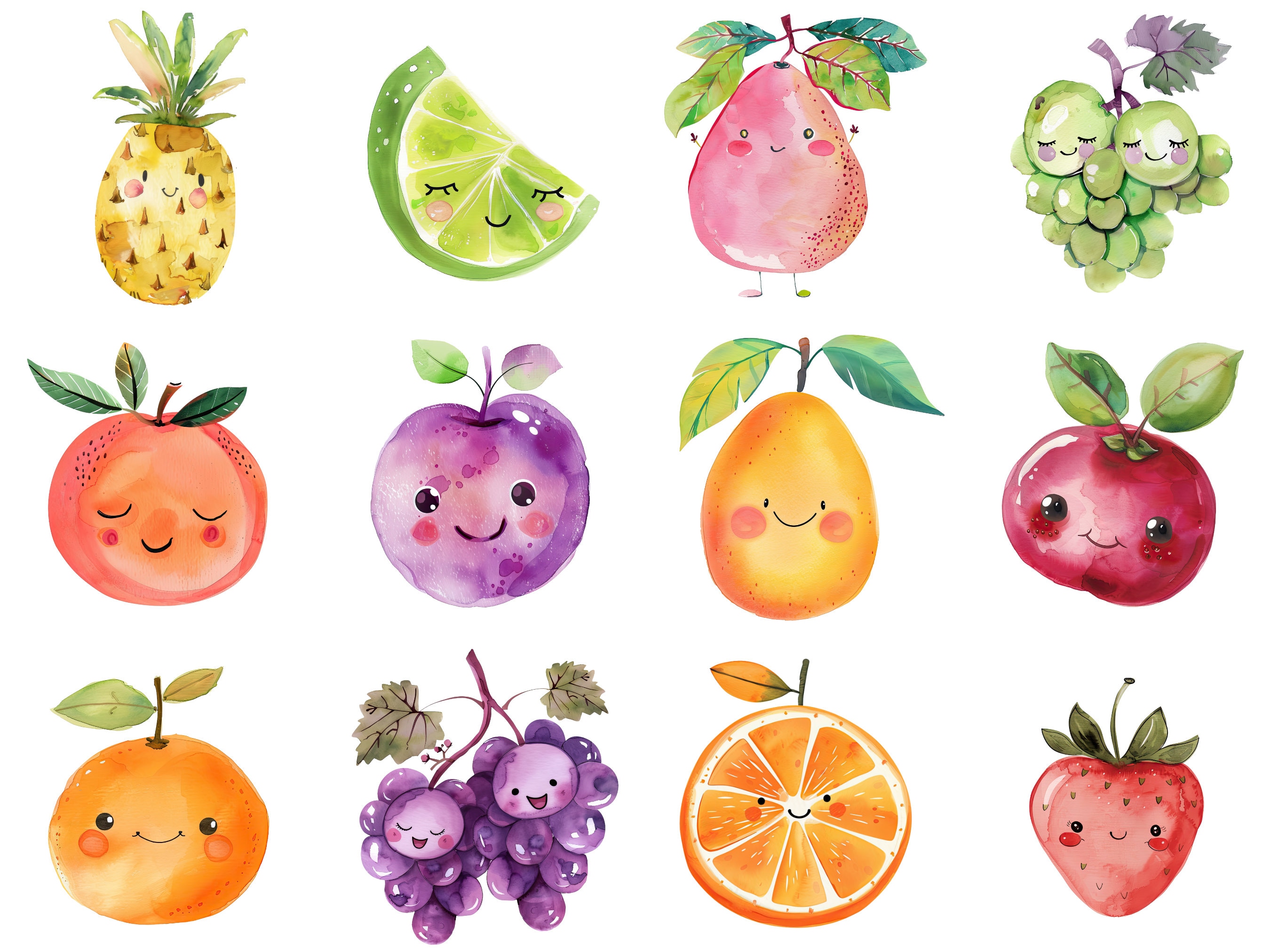 Cute Fruit Clipart PNG Watercolour Fruits Clipart Bundle Kawaii Fruits ...