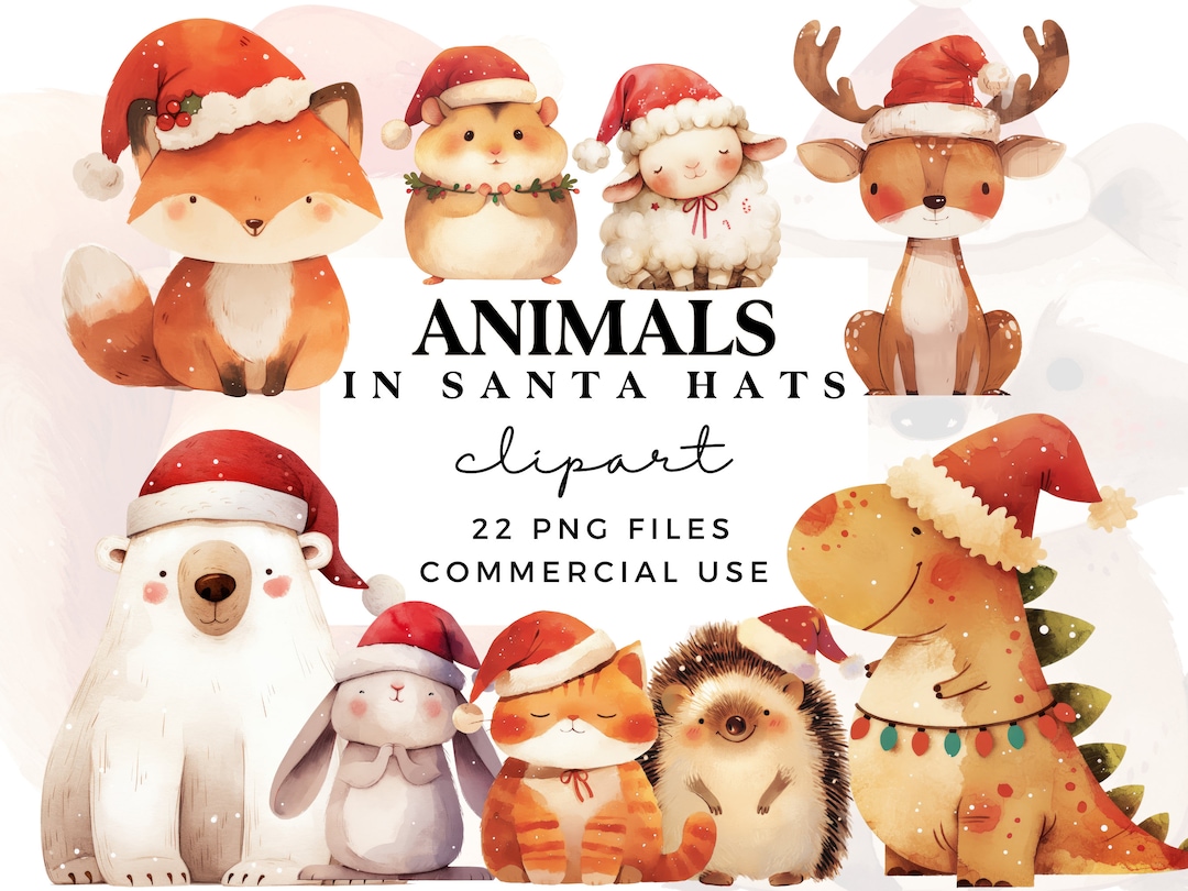 Animals in Santa Hats Clipart - Cute Watercolour Christmas Animals ...