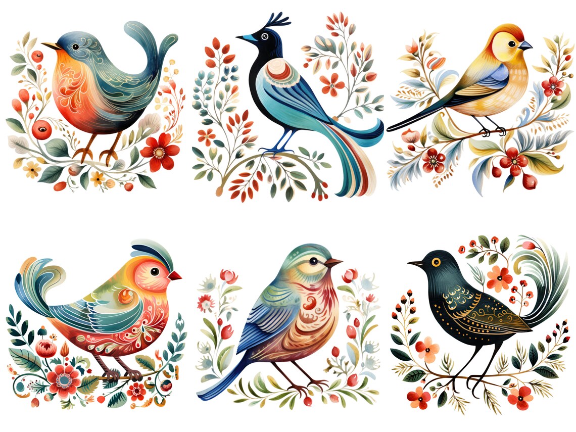 Watercolour Folk Art Garden Birds Clipart - Rosemaling Birds Clip Art ...