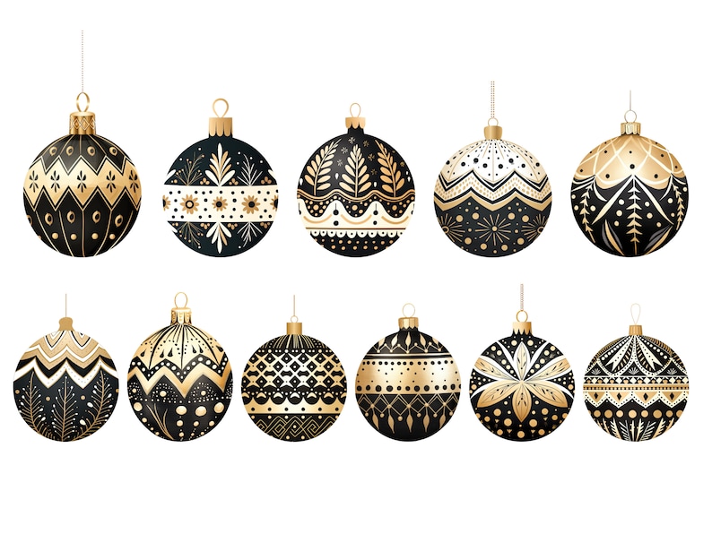 Christmas Baubles Clipart in Black & Gold Xmas Ornament Clip Art Bundle ...
