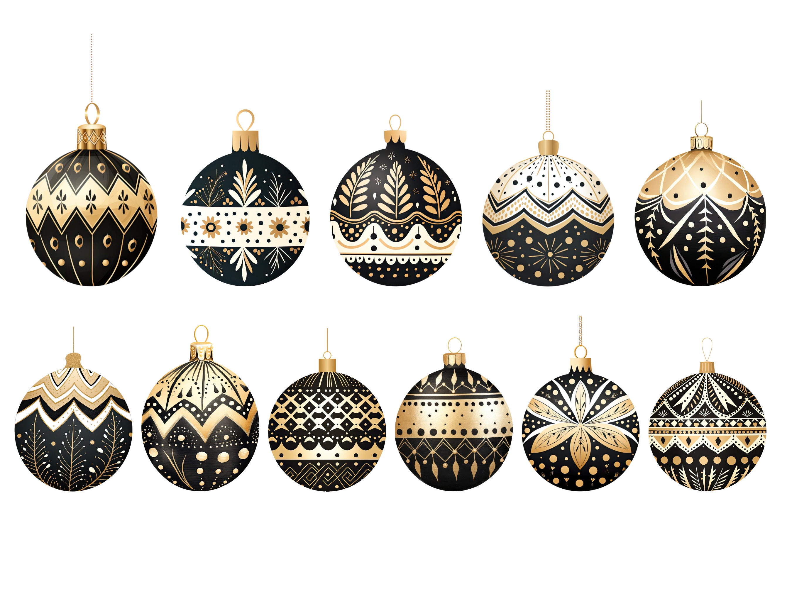 Christmas Baubles Clipart in Black & Gold Xmas Ornament Clip Art Bundle ...