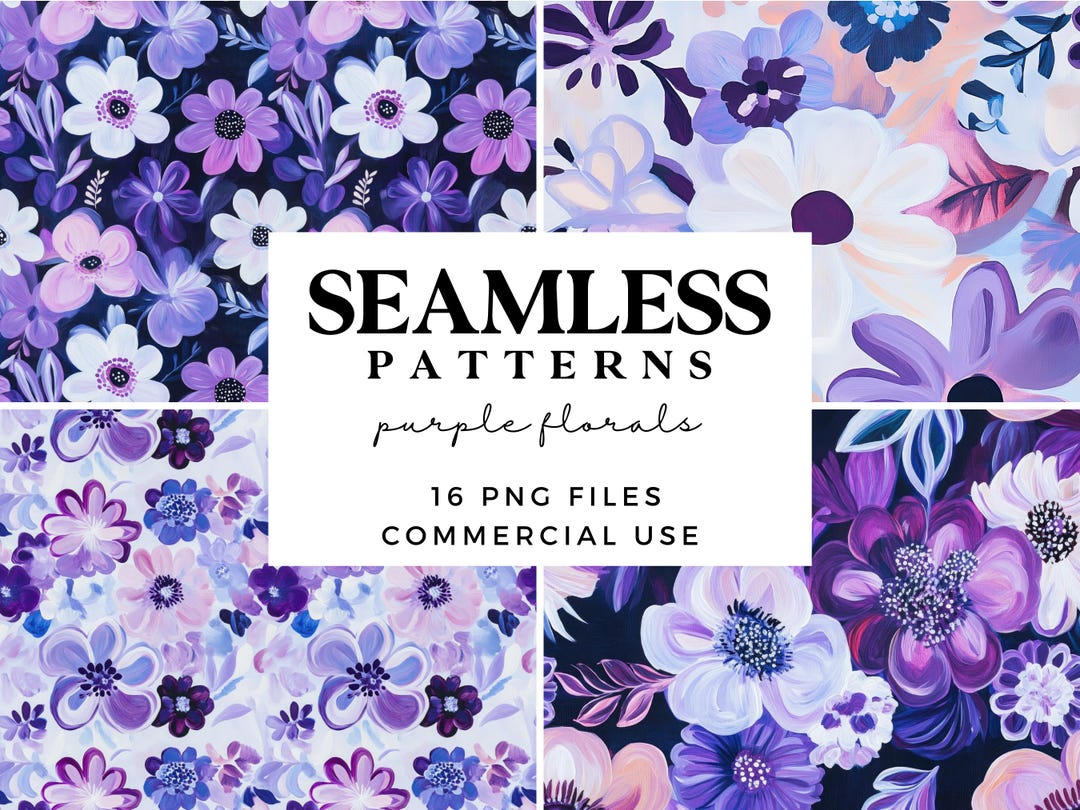 Purple Floral Seamless Patterns - Painterly Flowers Digital Backgrounds ...