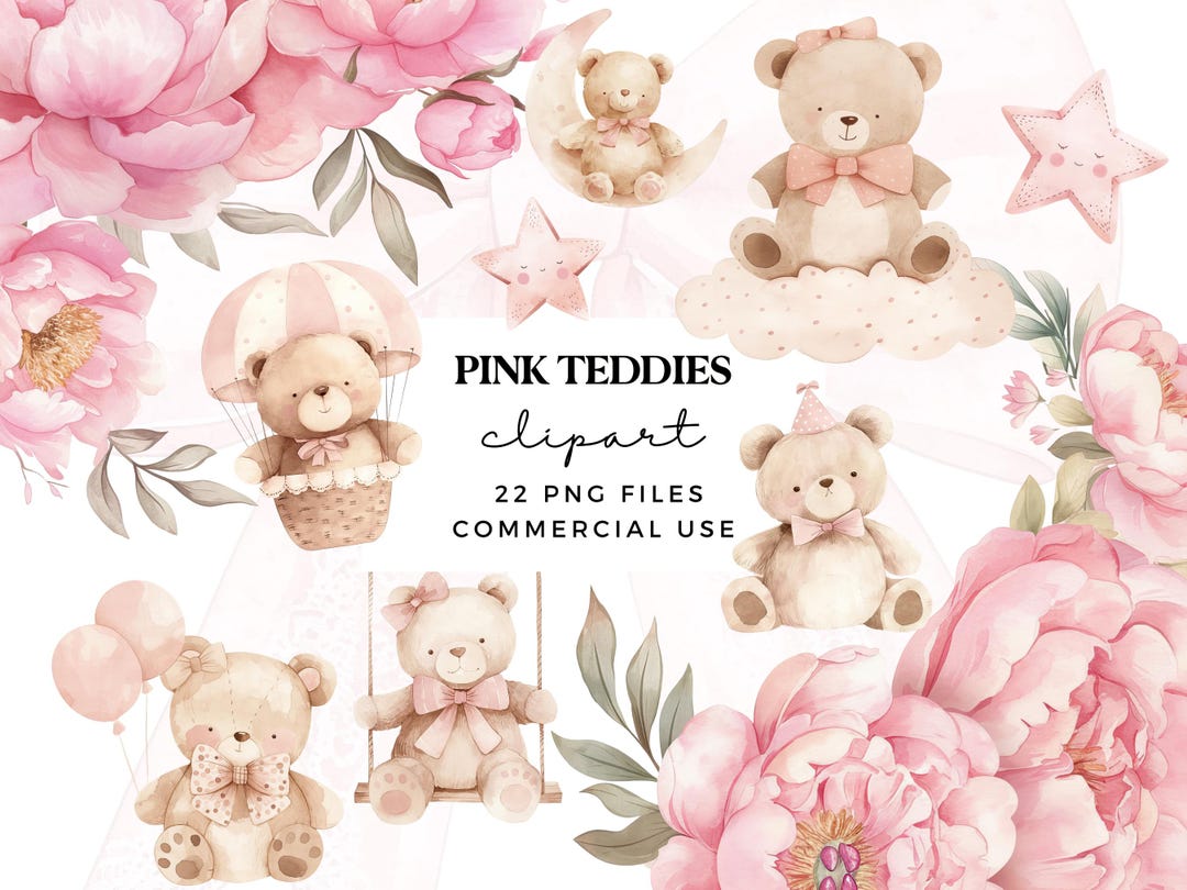 Pink Teddy Bear Clipart Bundle - Watercolor Cute Teddies Baby Shower ...