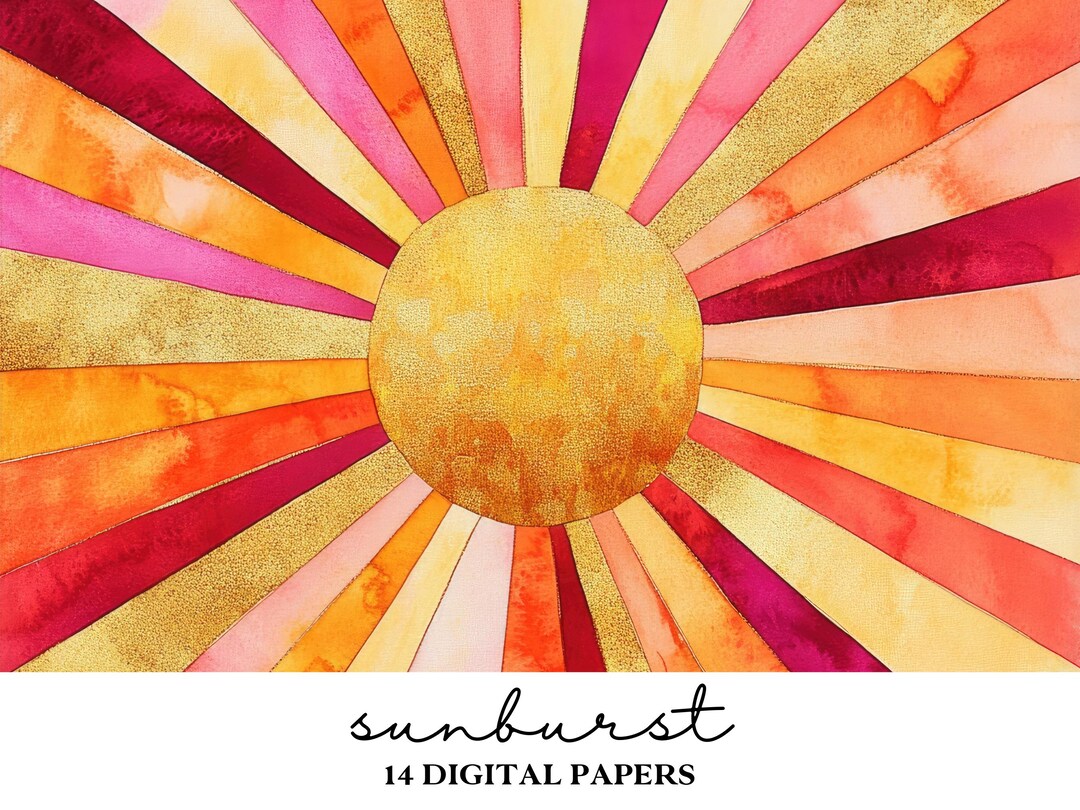 Sunburst Digital Paper - Retro Sunshine Scrapbook Paper - Sun Printable ...