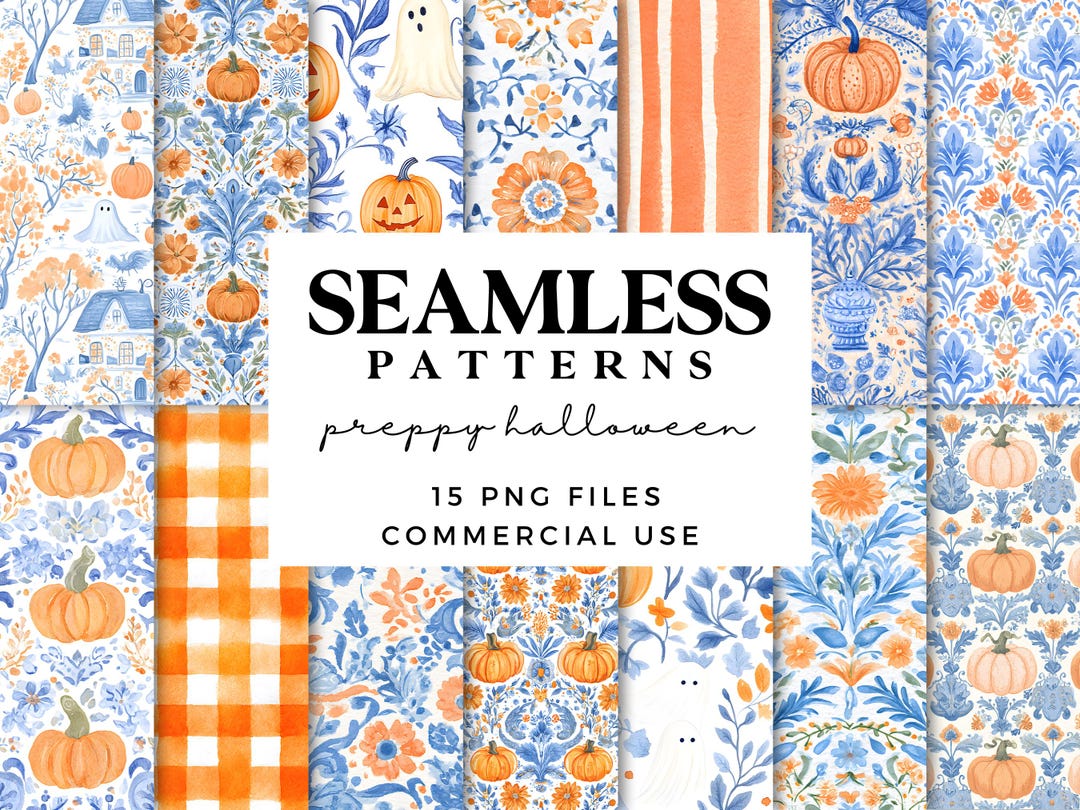 Preppy Halloween Seamless Patterns - Blue & Orange Fall Floral Patterns ...